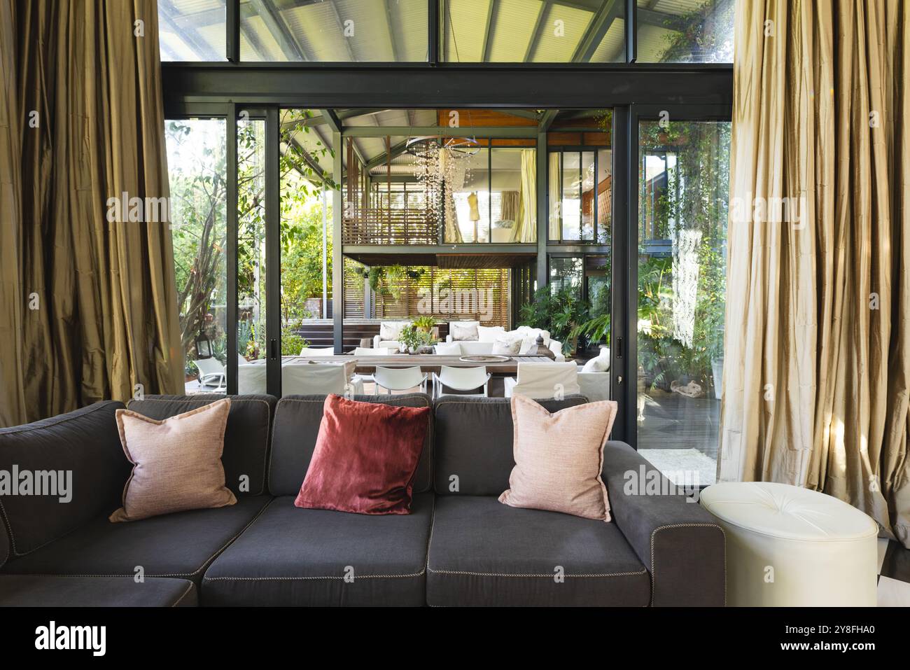 Modern big empty house with balcony and many chairs with big green ...