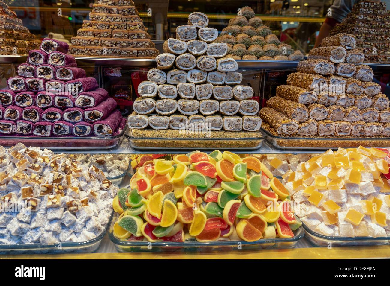 Turkiye. Istanbul. A pyramid of Turkish delight is arranged in a ...