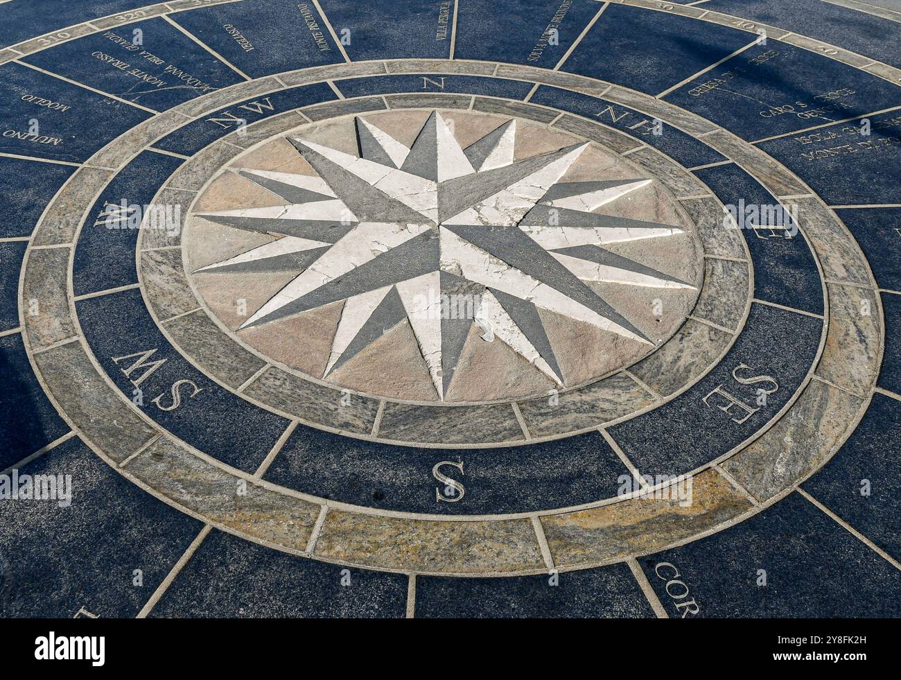 A stone wind rose, or compass rose, displaying the orientation of the ...