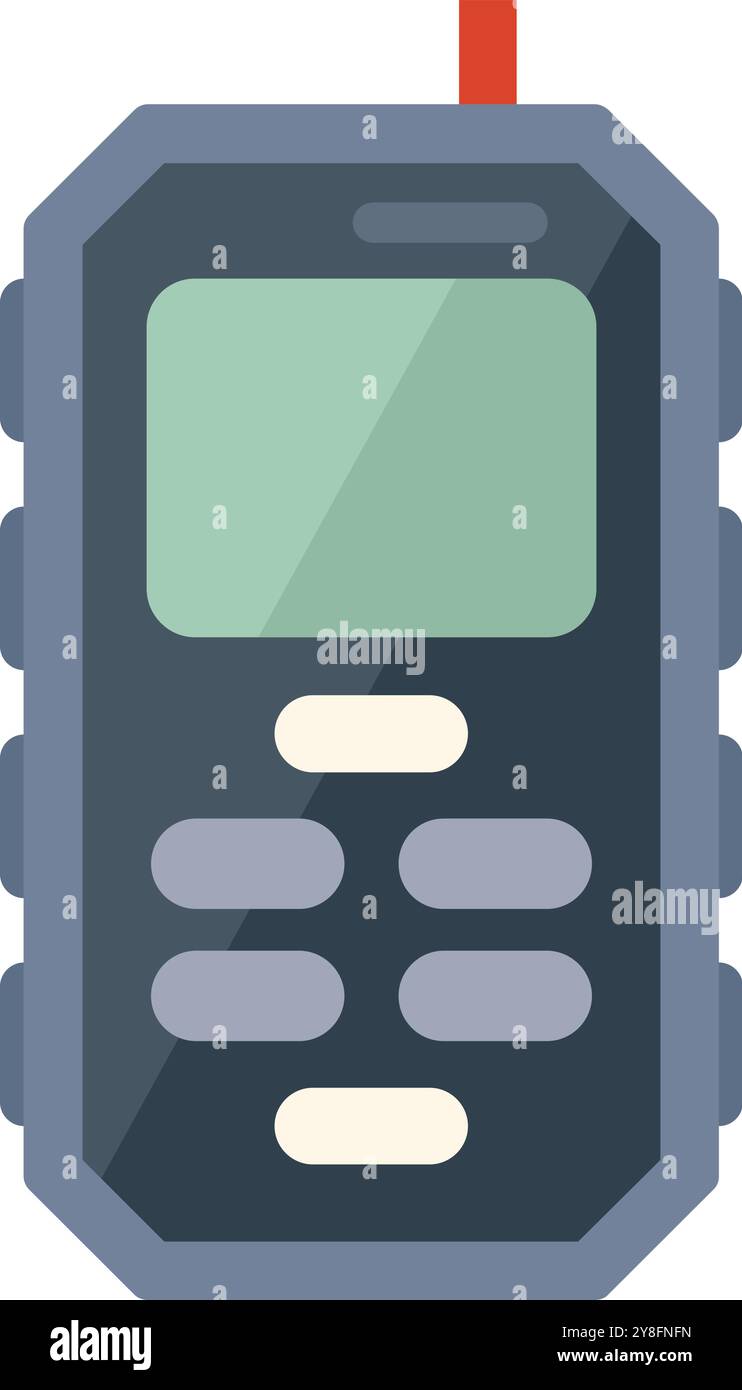 Rugged mobile phone with an antenna is displaying a green screen, ready ...