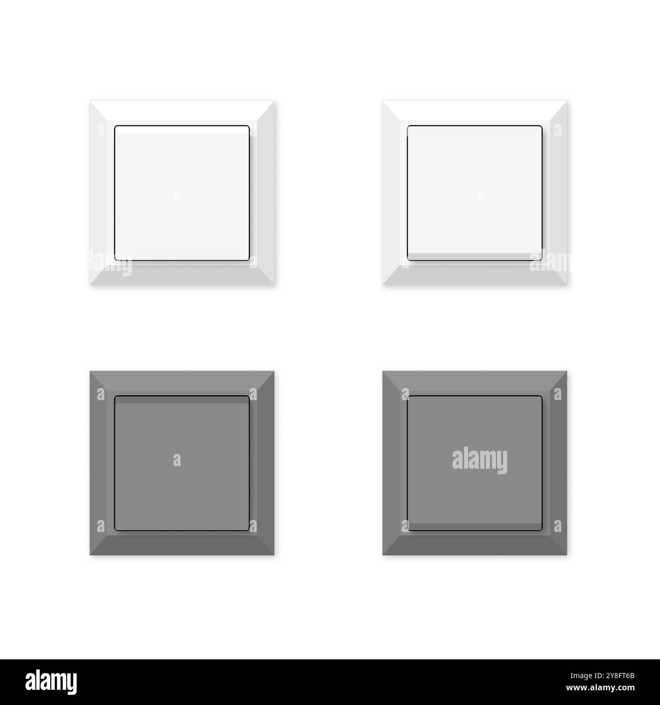 Set of white and gray single-key switches, on and off. Front view ...