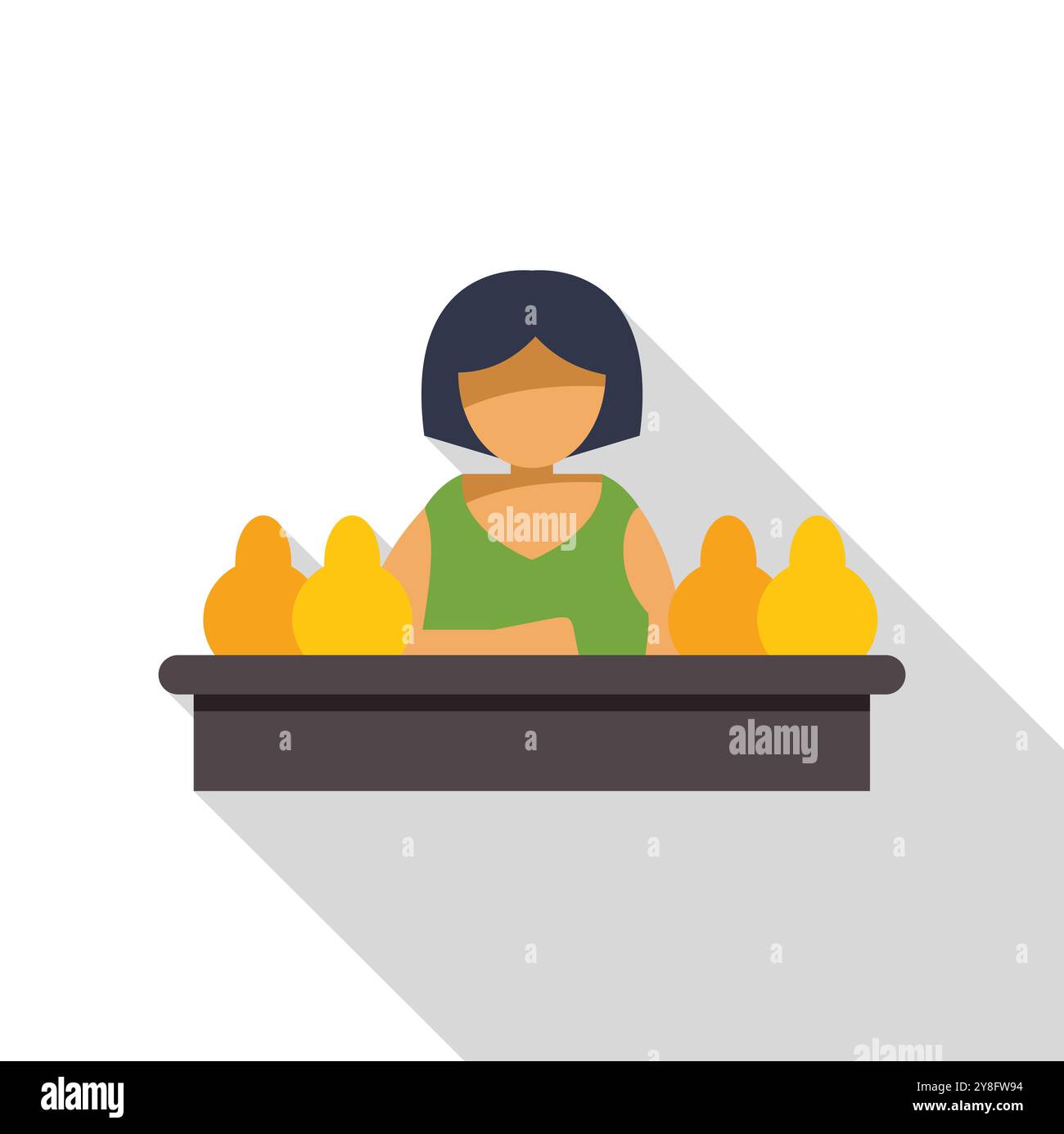 Female shopkeeper is standing at her counter selling fresh mango fruit ...