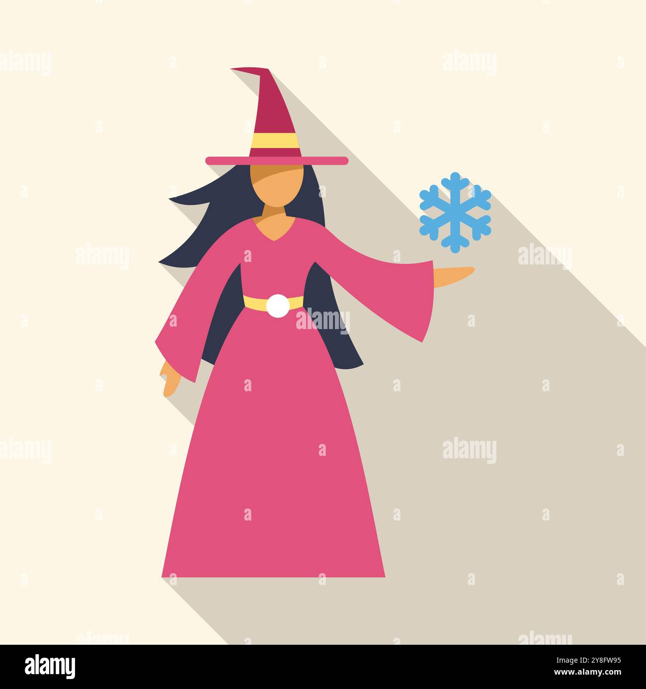 Young witch wearing pink dress and magic hat holding a snowflake in her ...