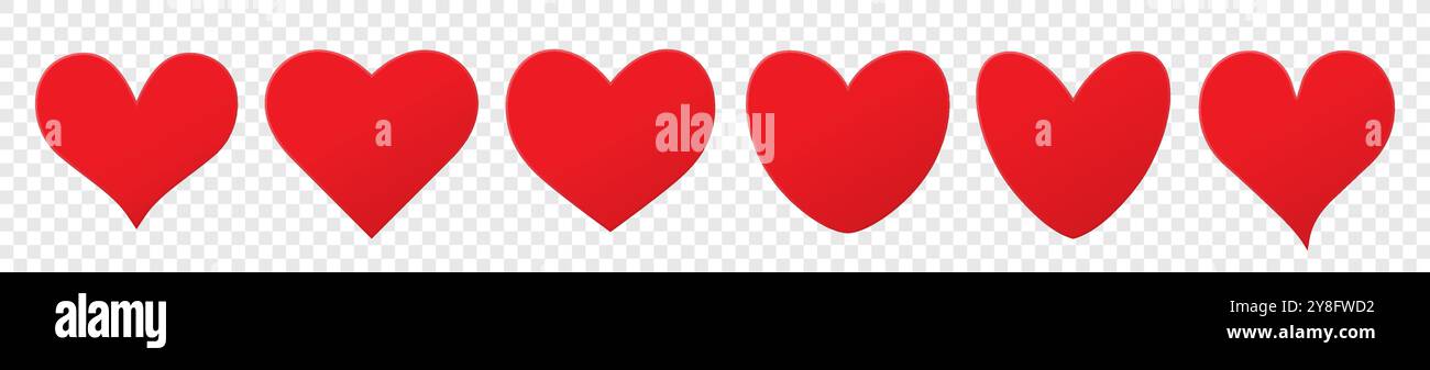 A set of six red hearts of different shapes on a transparent background ...