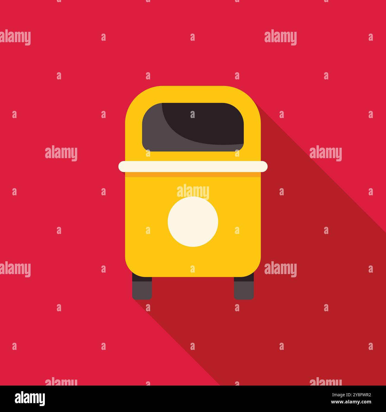 Yellow trash can casting long shadow on red background, waste ...