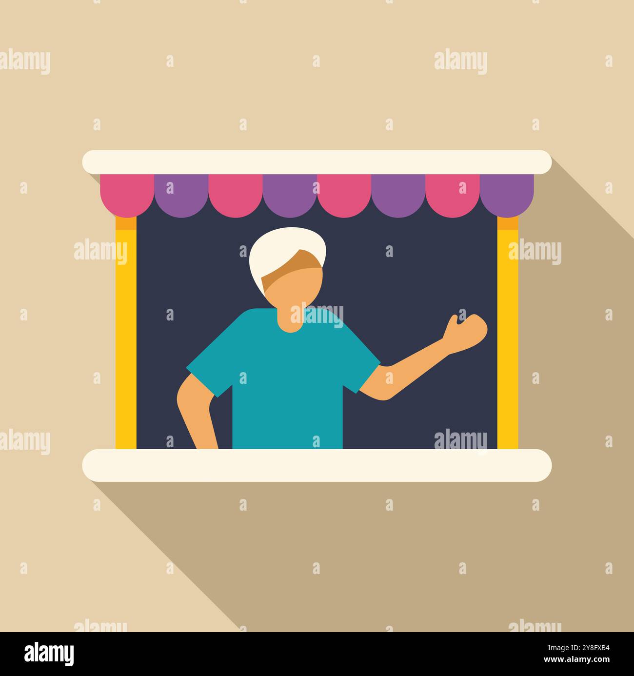 Street vendor standing at market stall window inviting customers Stock ...