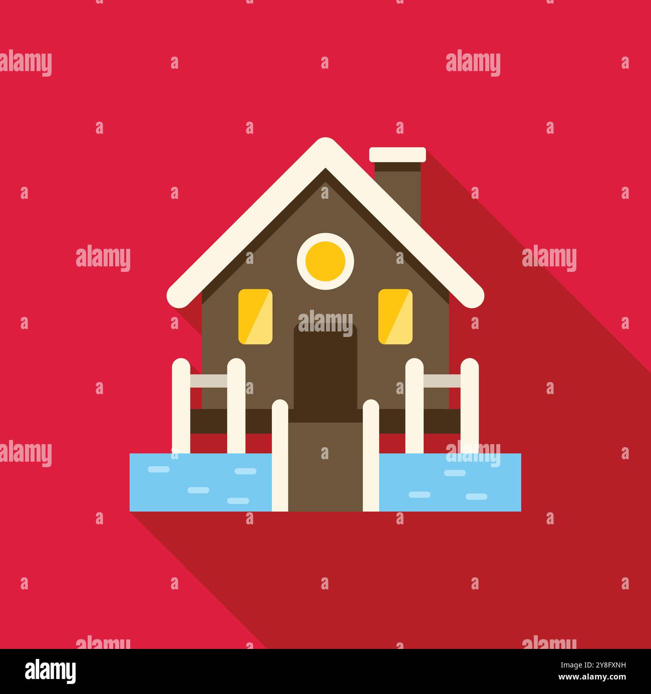 Small wooden house with glowing windows is standing on stilts over ...