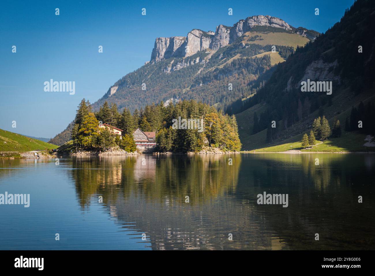 View of Lake Seealpsee near Appenzell in the Alpstein mountain range ...