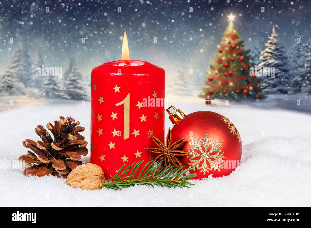 First 1st Sunday in advent with burning candle Christmas tree time ...