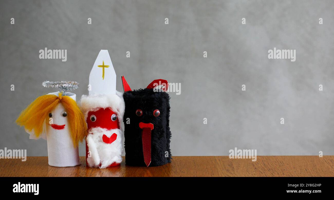 Saint Nicholas, Angel and Devil made by a child from toilet paper roll ...