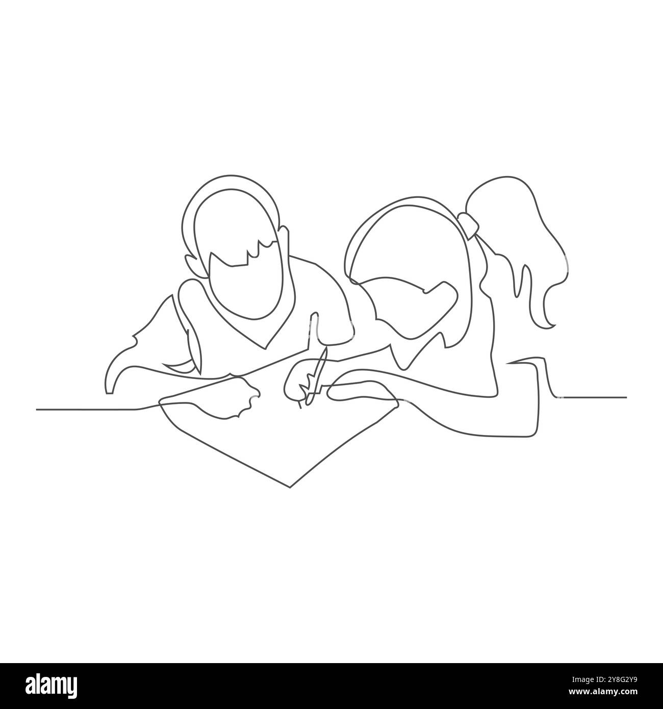 Continuous line of daughter learning to write with mother. One line ...