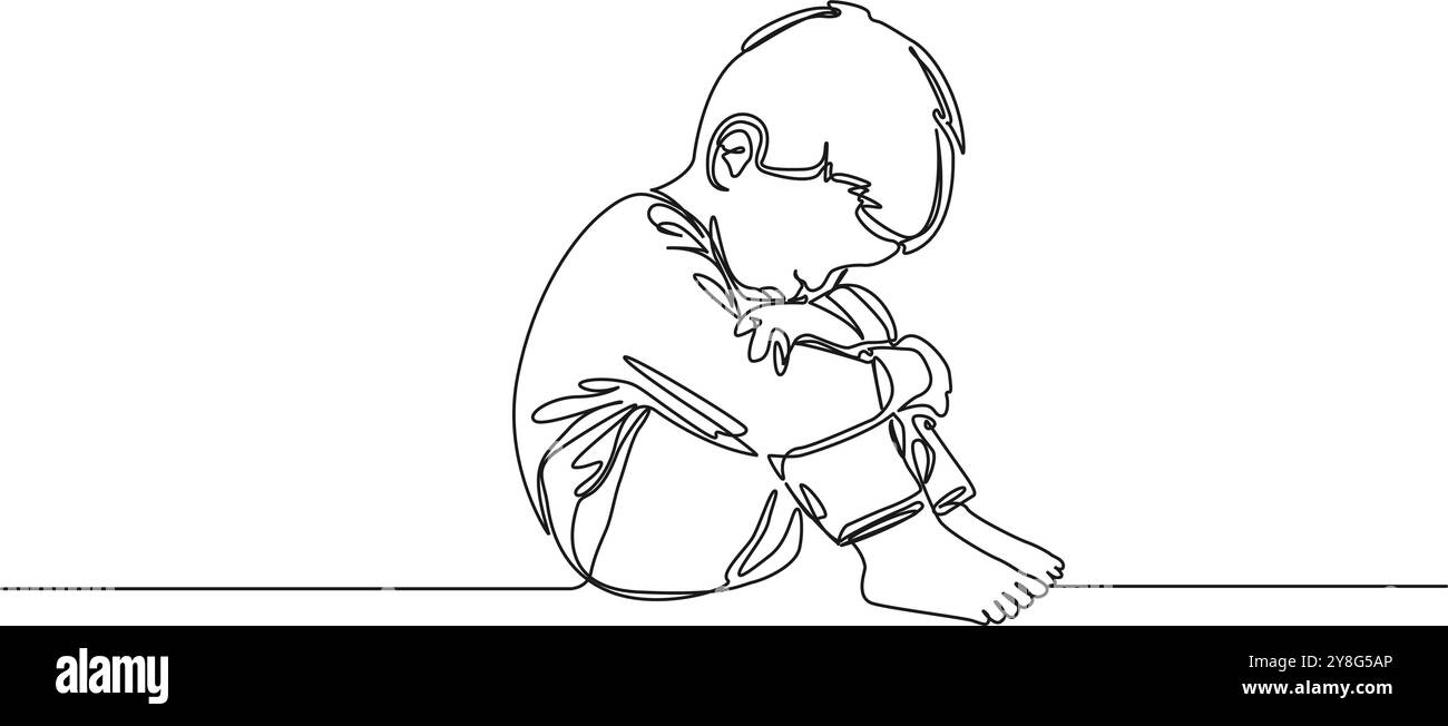 continuous single line drawing of sad toddler boy sitting on floor ...