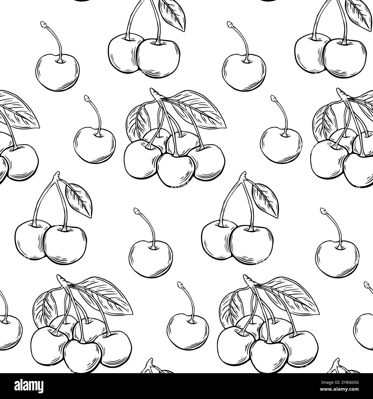 Seamless pattern, cherry berry sketch, etching. black and white line ...
