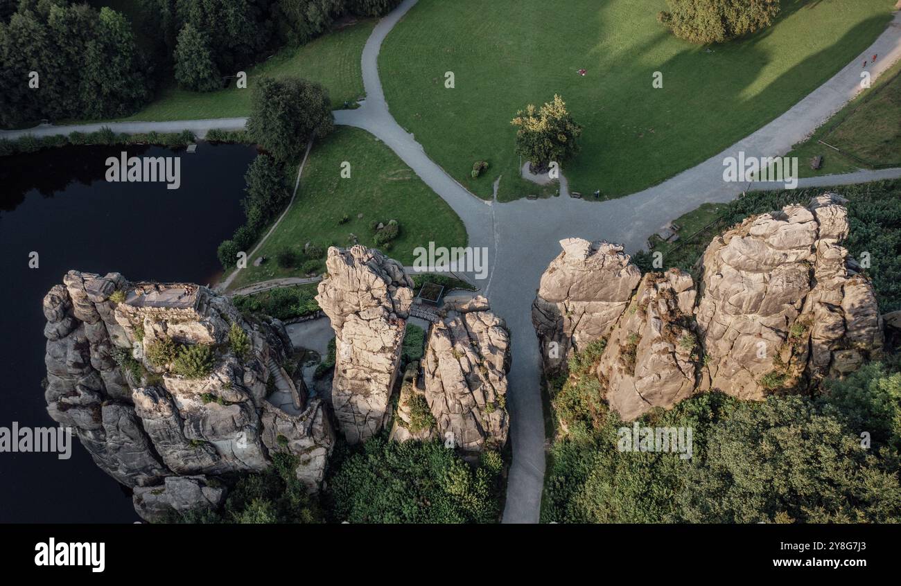 drone view of the Externsteine a sandstone rock formation in the Teutoburg Forest Stock Photo ...