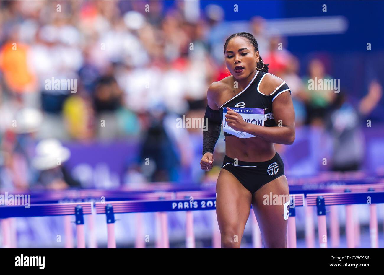 Ebony Morrison participating in the 100 meters hurdles at the Paris 2024 Olympic Games Stock ...