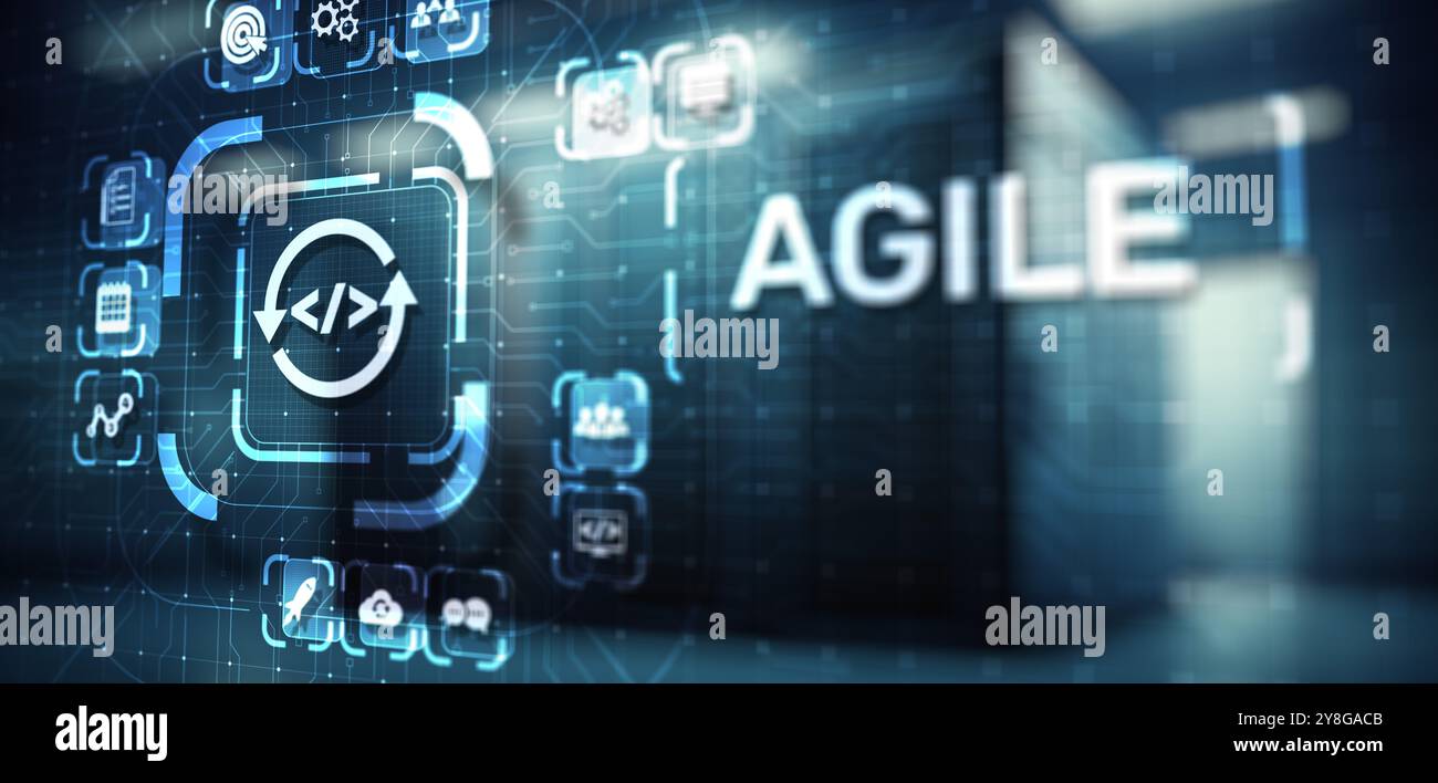 Agile development methodology concept on virtual screen. Technology ...