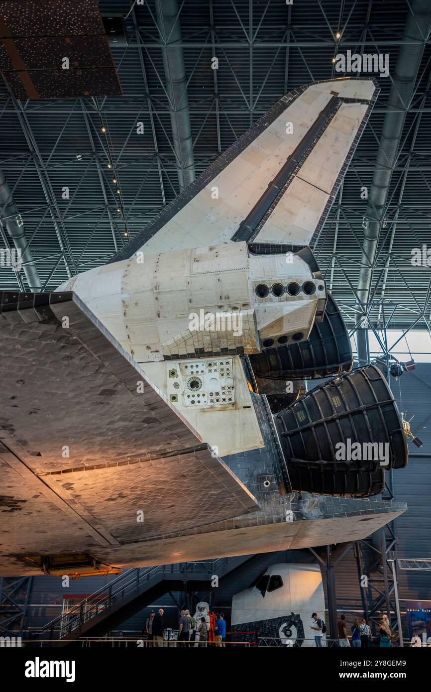 Rear tail fin and rockets of the Space Shuttle Discovery, on display at ...