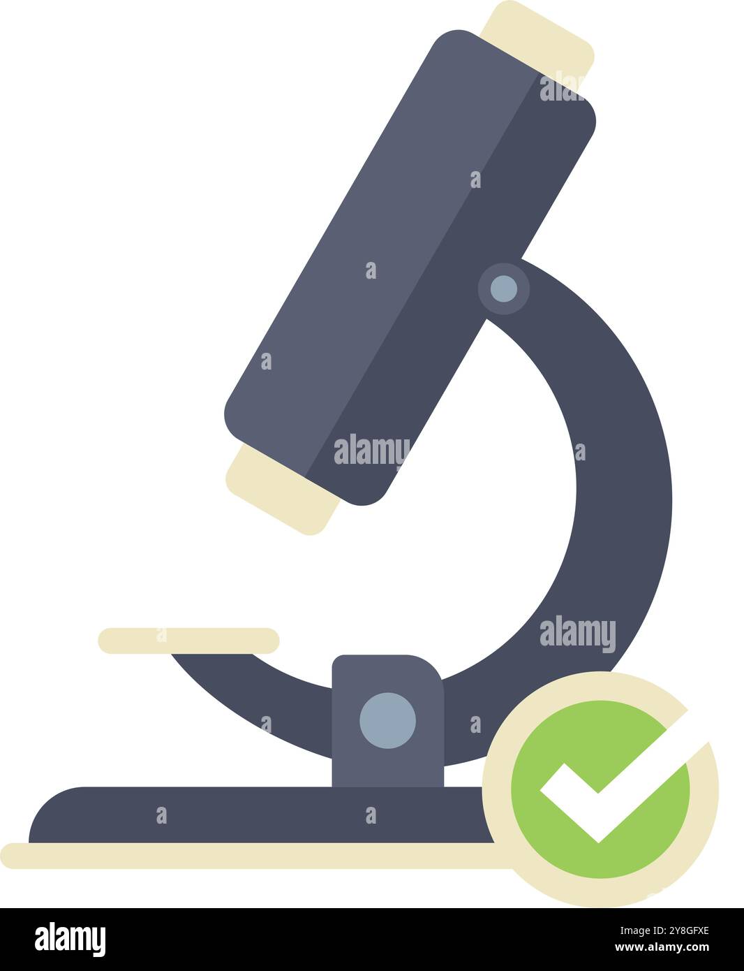 This flat vector illustration shows a microscope with a green check ...
