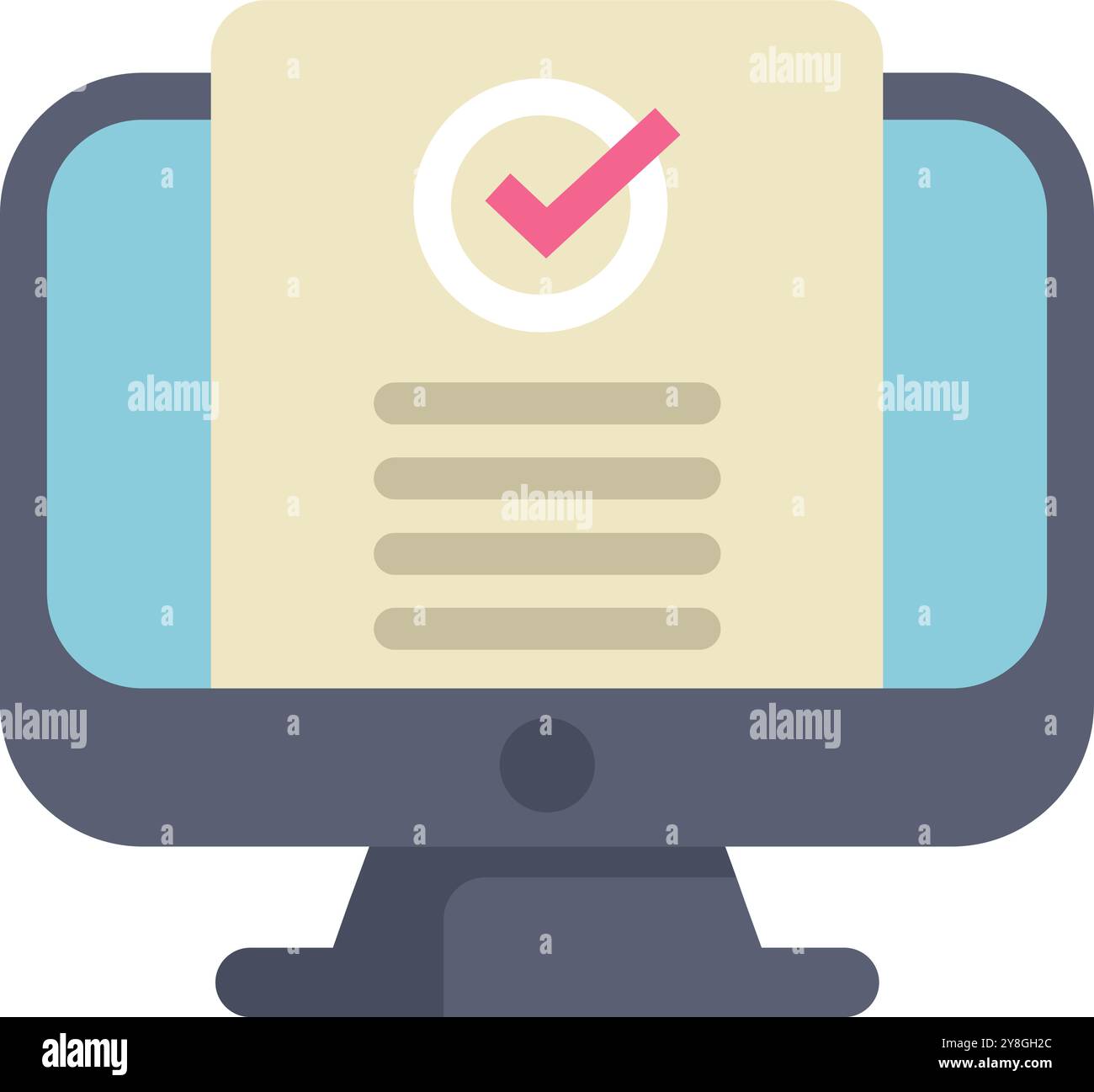 Desktop computer displaying a validated document with a check mark icon, representing successful ...