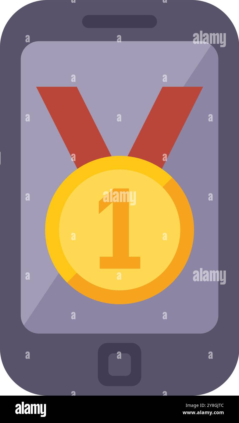 Smartphone is showing a gold medal with red ribbon for first place on ...