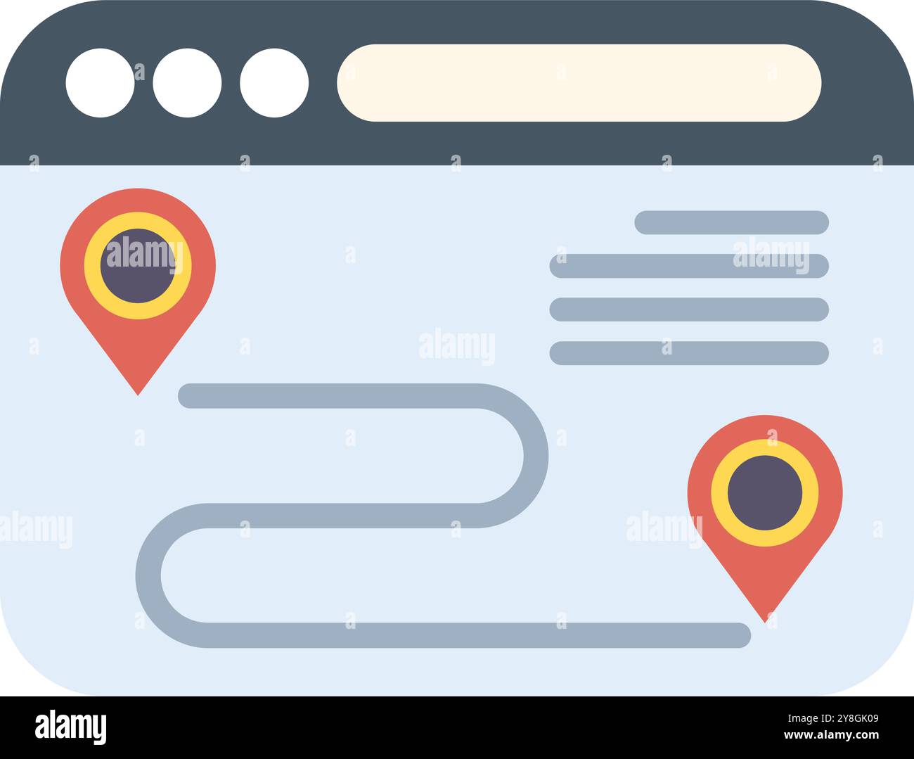 Website displaying a route between two locations marked with location ...