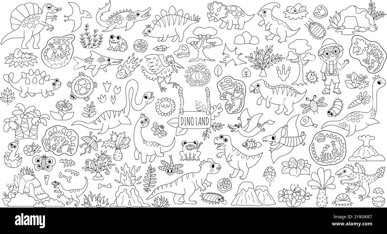 Vector black and white dinosaur set. Cute prehistoric animal line icons ...
