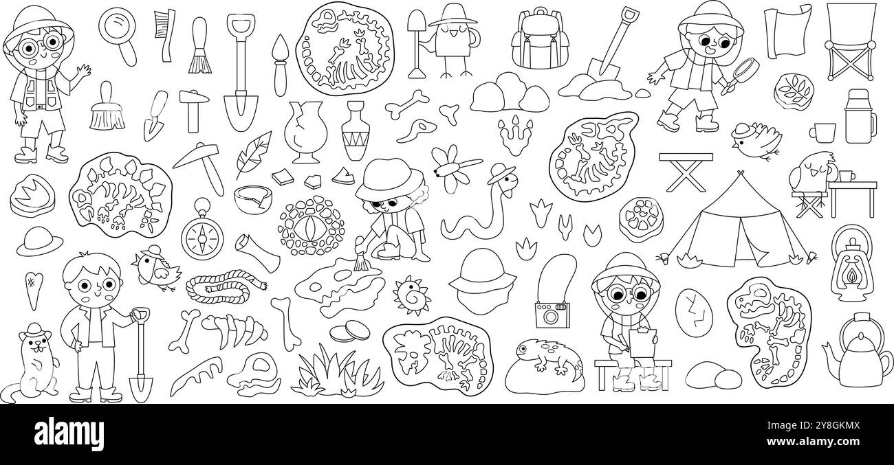 Vector black and white paleontologist set. Prehistoric animal scientist ...