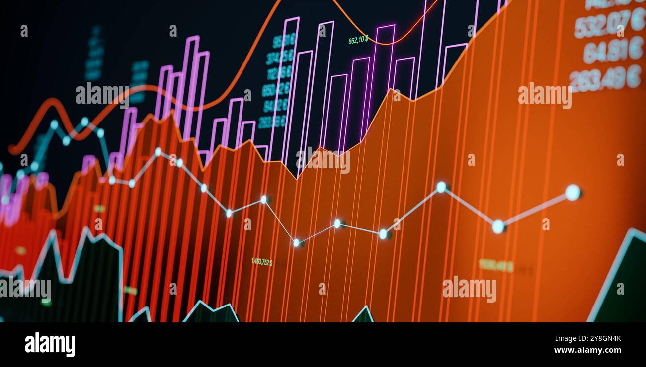 Pink bar graph, orange charts and lines, blue data. Pink bar graph ...
