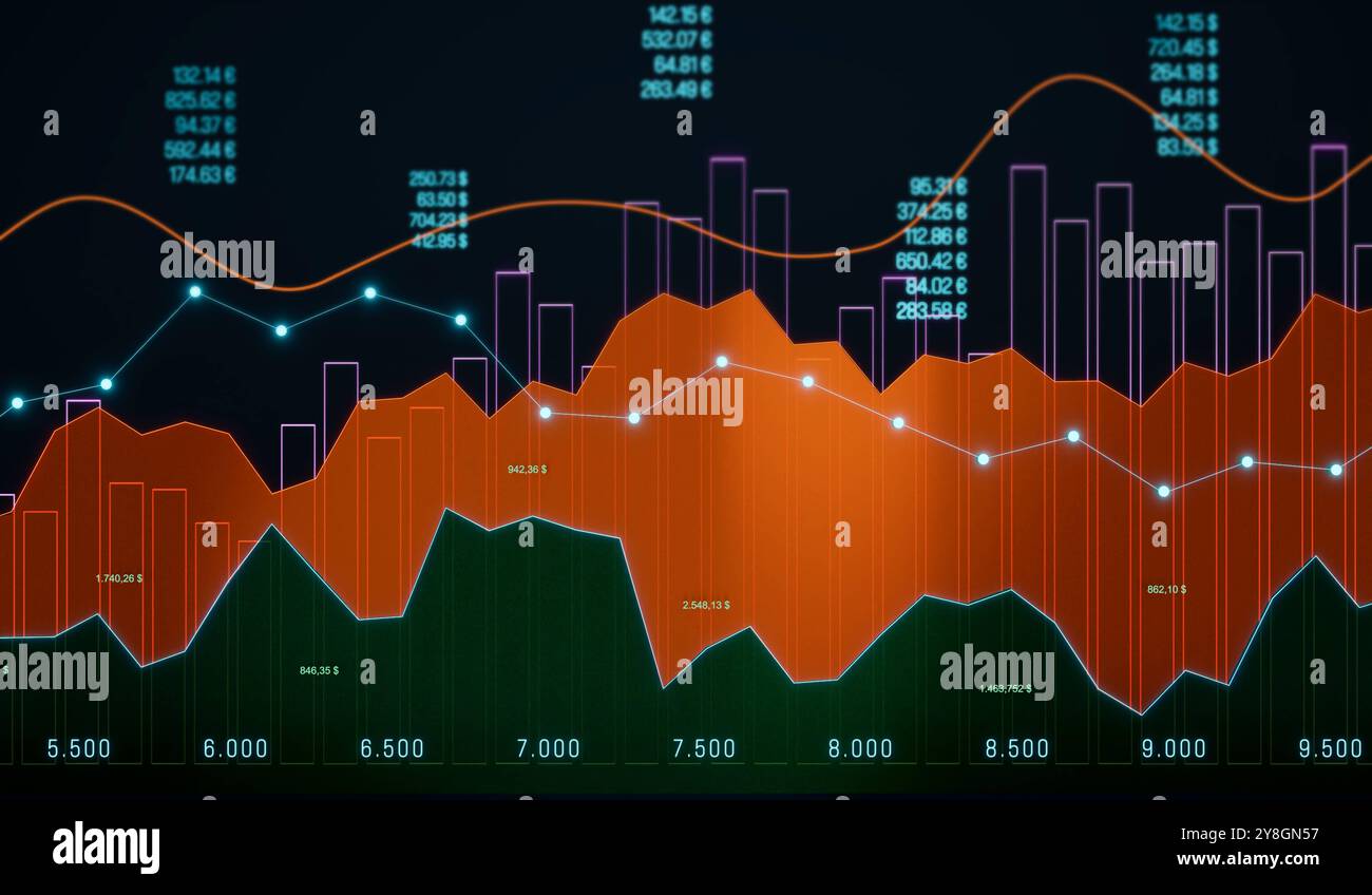 Blue and orannge charts, bar graphs and data in a abstract concept ...