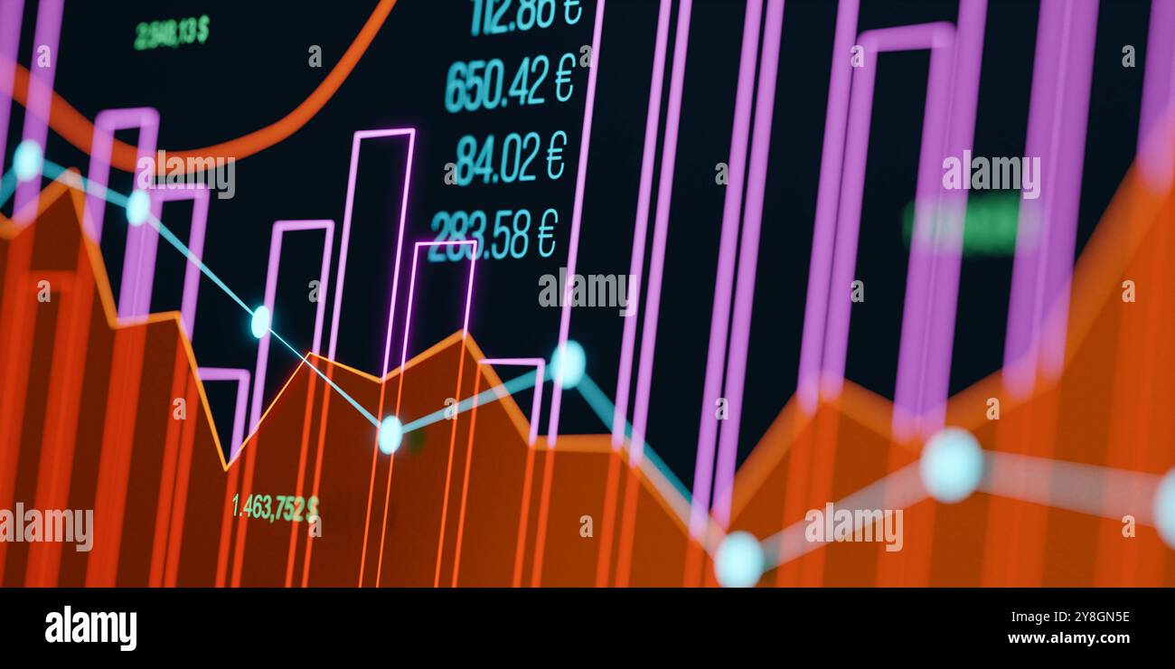 Close-up of stock exchange charts, bar graph and market data, abstract ...