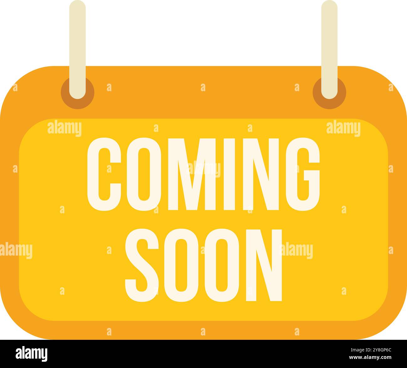 Yellow sign with the text coming soon hanging on a white background ...