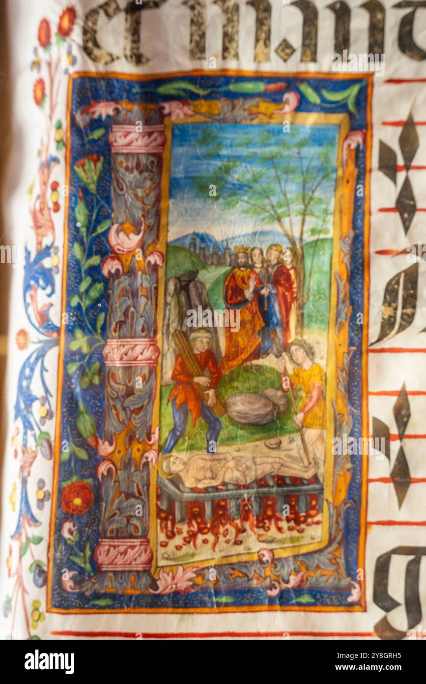 matutinarium, illuminated initial l, martyrdom of Saint Lawrence in the ...