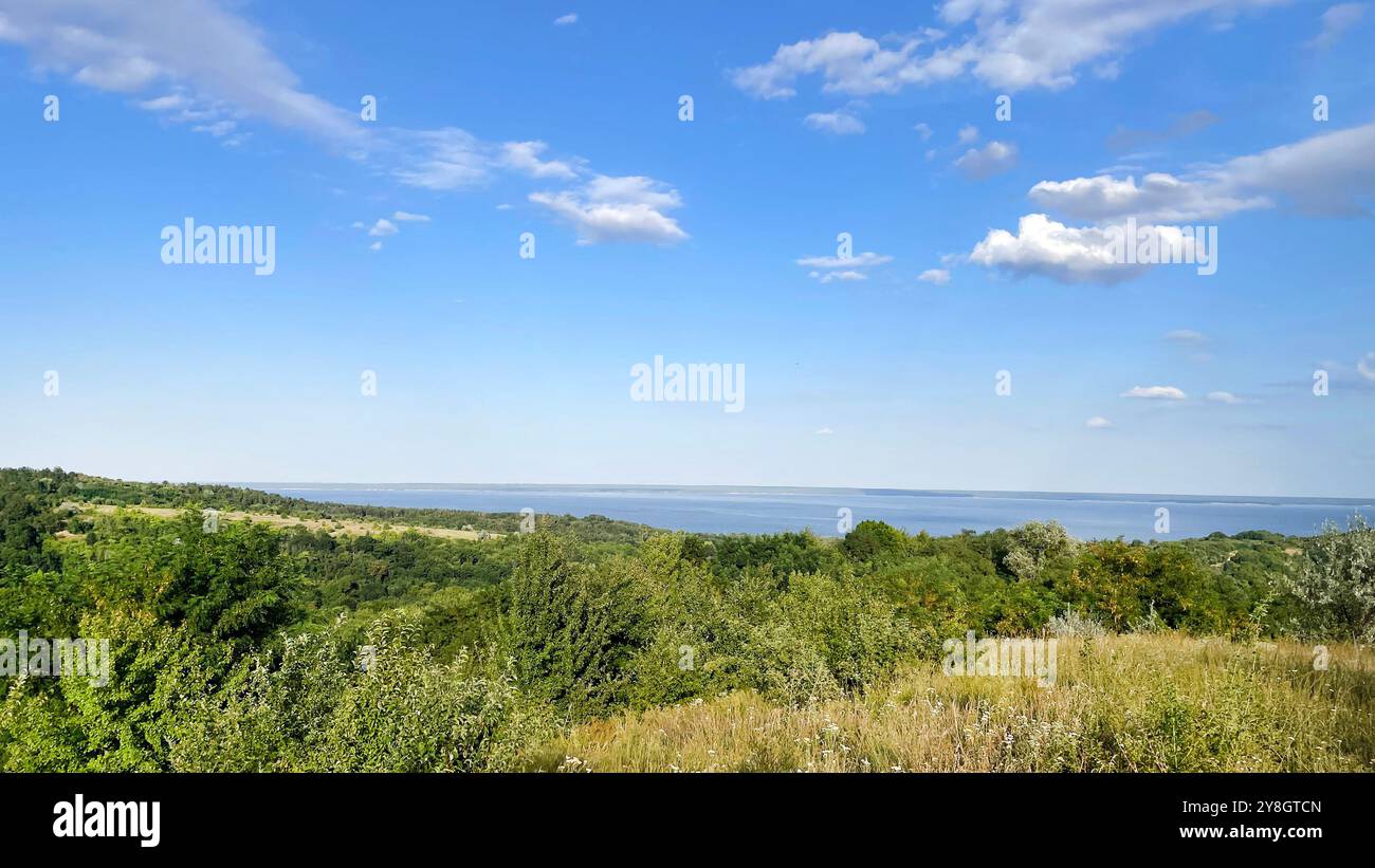 A wide, scenic view of the Kaniv Reservoir in Cherkasy region, Ukraine ...