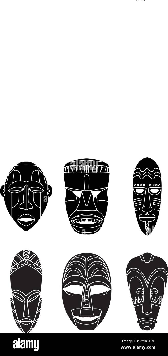 African Tribal Masks Graphic Elements. Six unique Africa tribal mask ...
