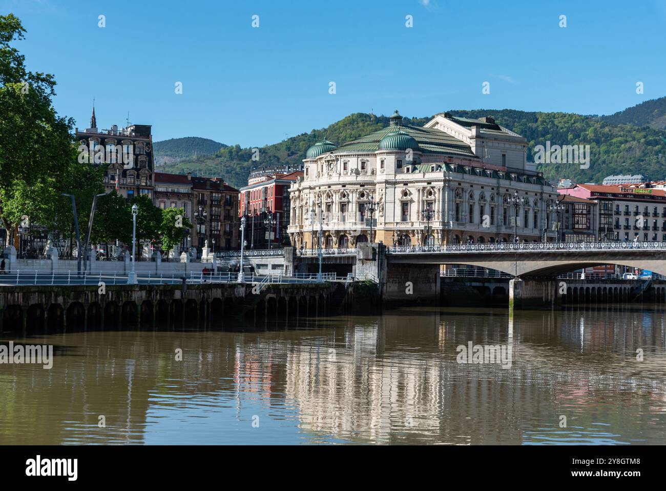 The Arriaga theater at the Nervio river in Bilbao, basque region in ...
