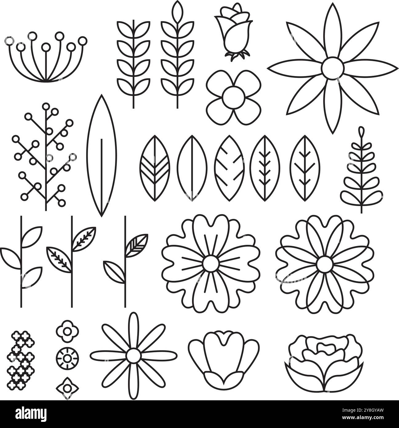 Flower Line Art Elements Isolated. A set of mix and match abstract ...