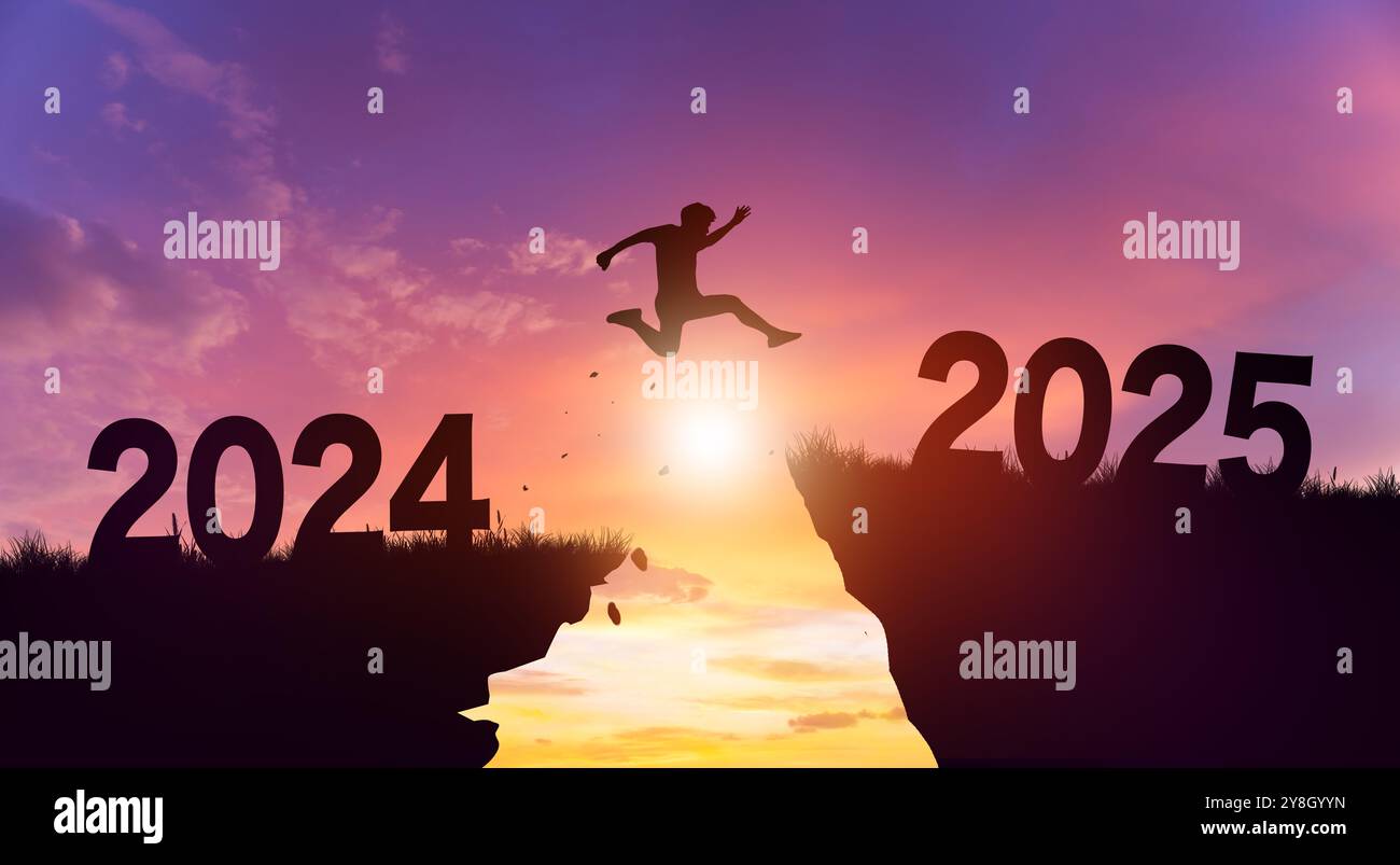 Welcome merry Christmas and Happy new year in 2025. Man jumping across ...