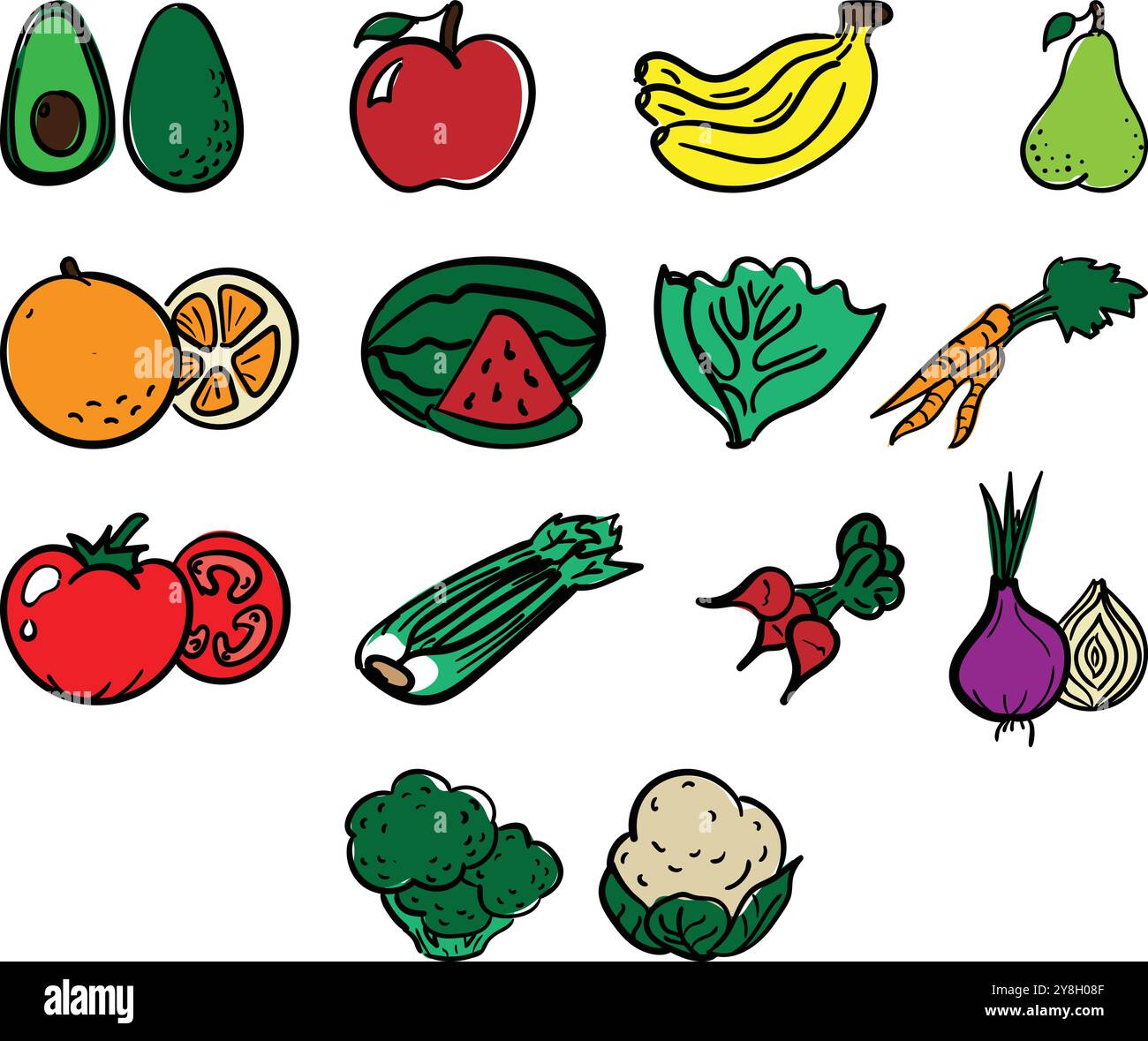 Hand Drawn Fruits and Vegetables Produce Set. A set of various hand ...