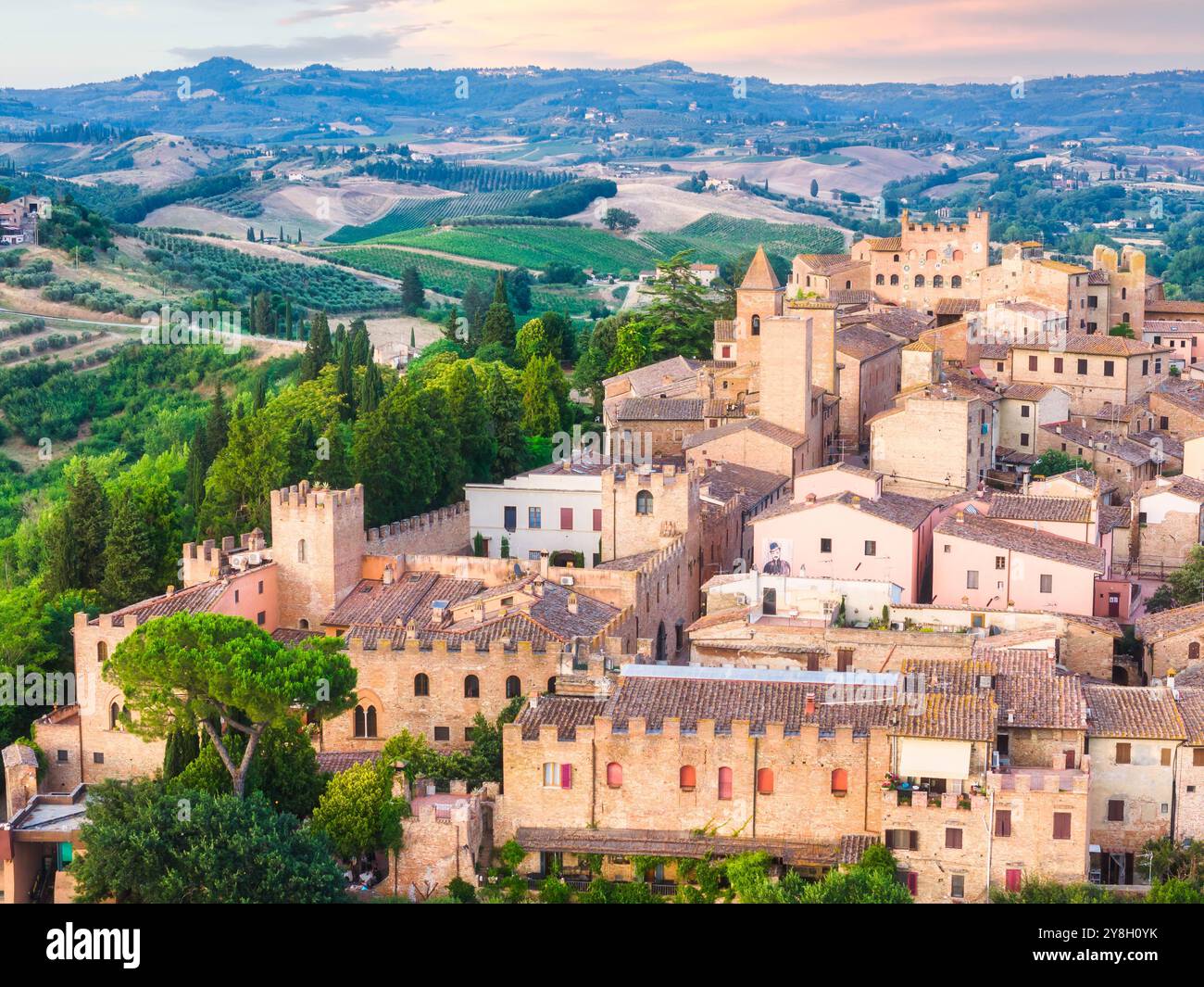 Aerial view of Tuscan medieval village of Certaldo Alto, Siena Province ...