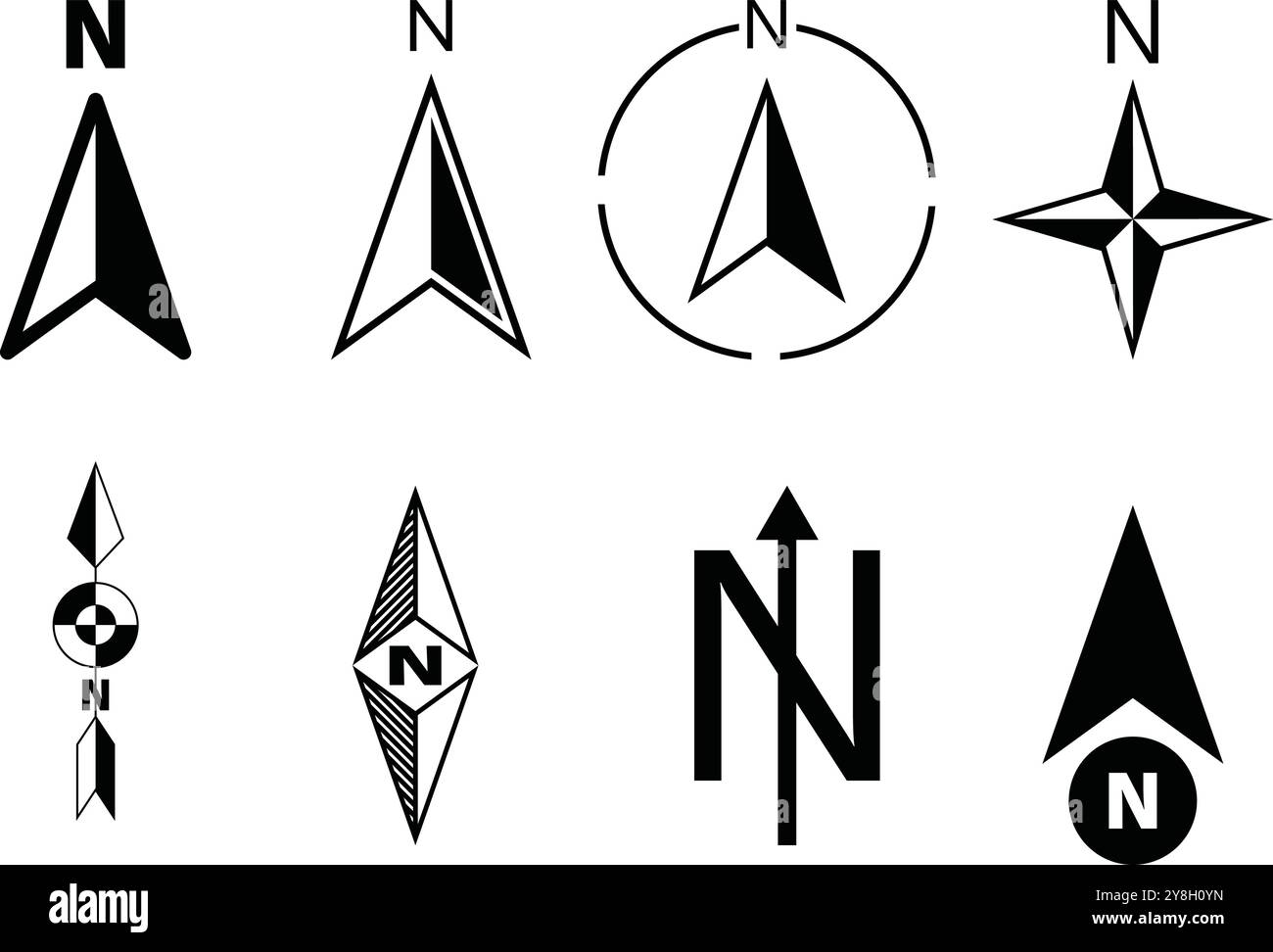 North arrow icon set. GPS north pointer for navigation signs. Compass north arrow. Set of North ...