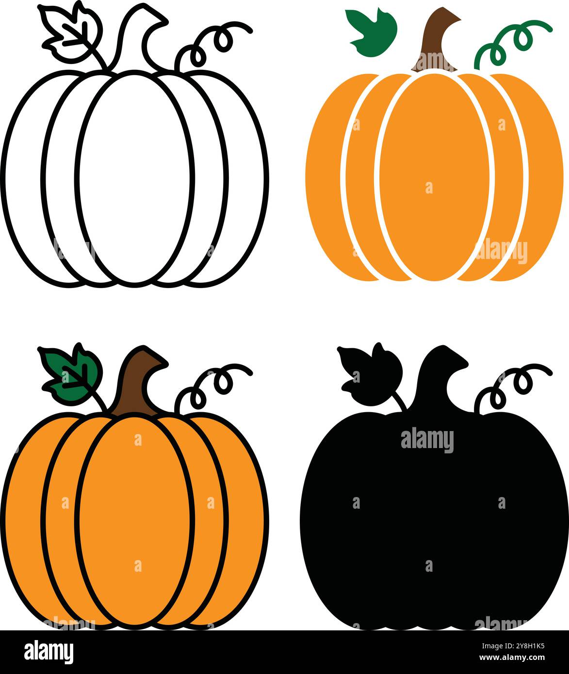 Simple Flat Fall Pumpkin with Silhouette & Line Art Variations. A ...