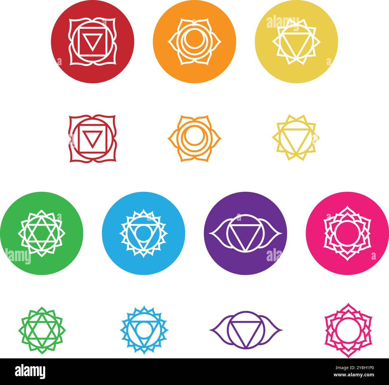 Seven Chakra Symbols Isolated. Symbols representing the seven chakras. The crown, third eye ...