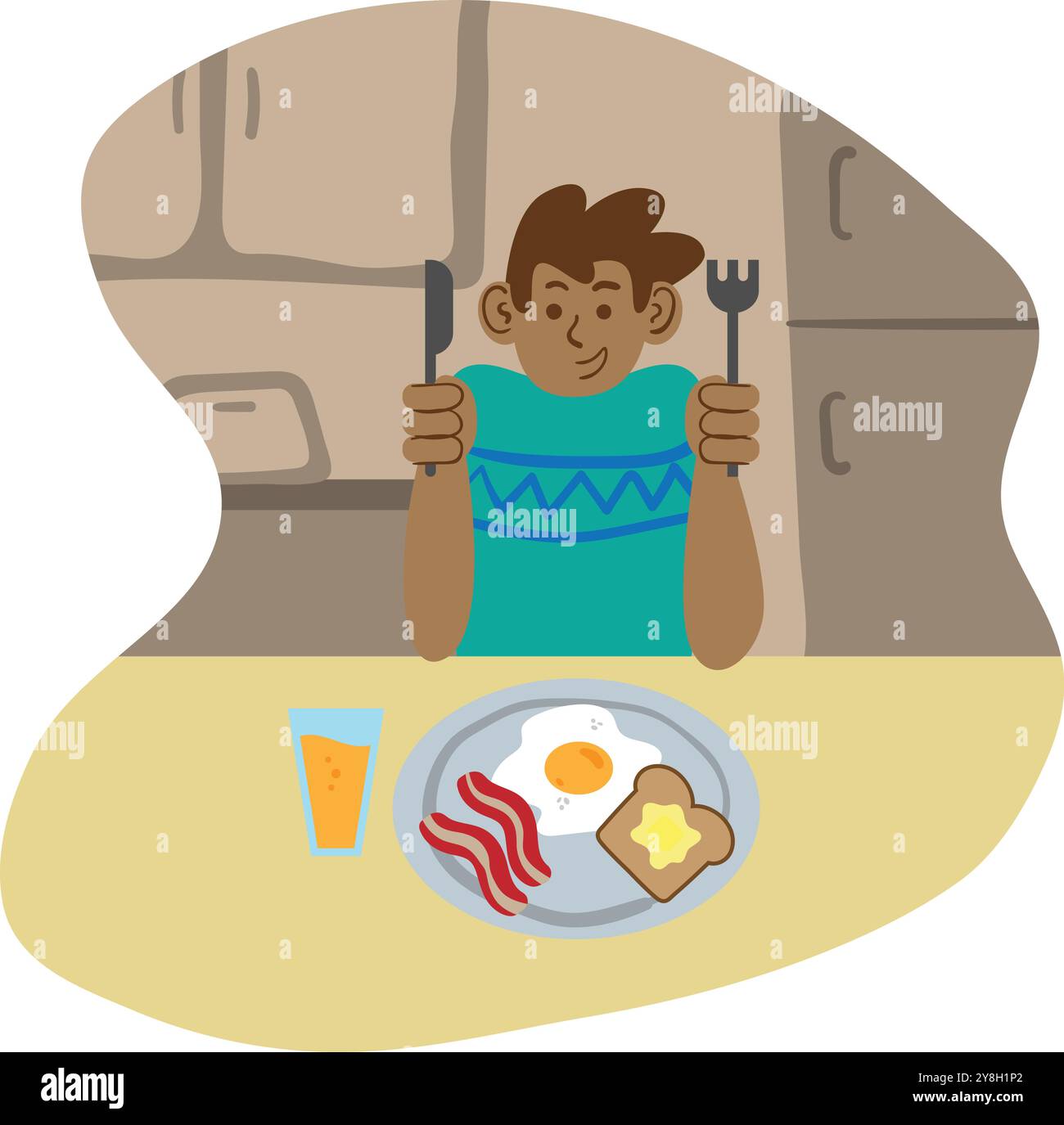 Man Eating Breakfast in Kitchen Illustration. Man getting ready to eat ...
