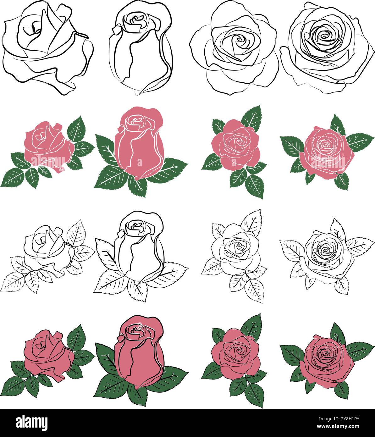 Roses with Leaves Illustration Set Isolated. A set of rose buds with ...