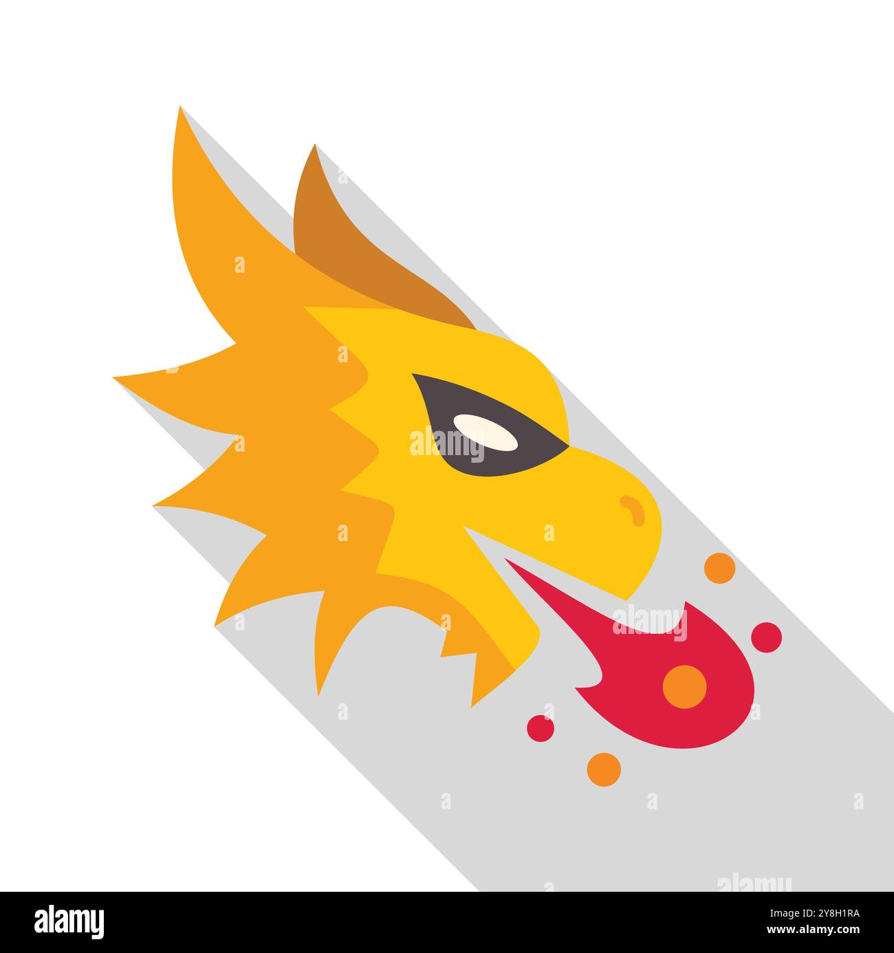 Yellow dragon head breathing fire with long shadow on white background ...