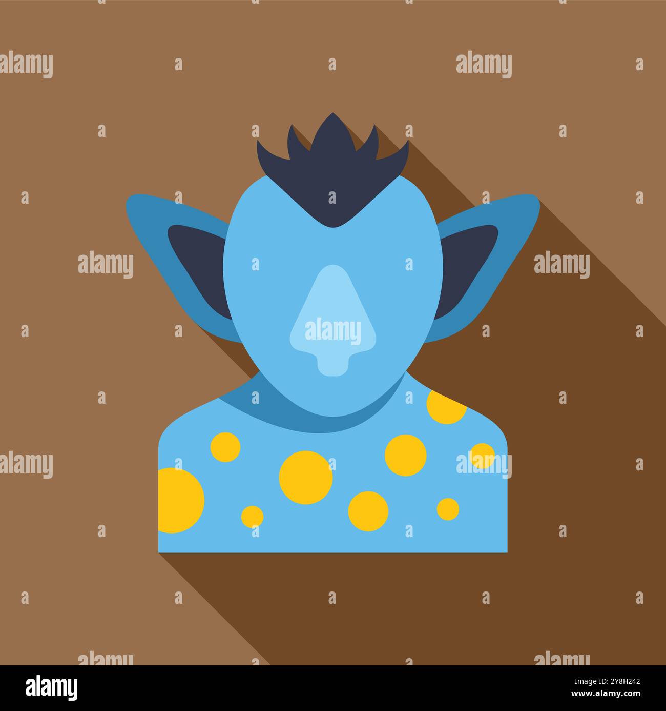 Blue troll with yellow spots is posing on a brown background with long ...