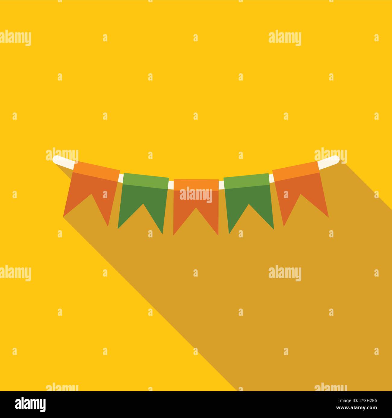 Garland of triangular green and orange flags is hanging on a yellow ...