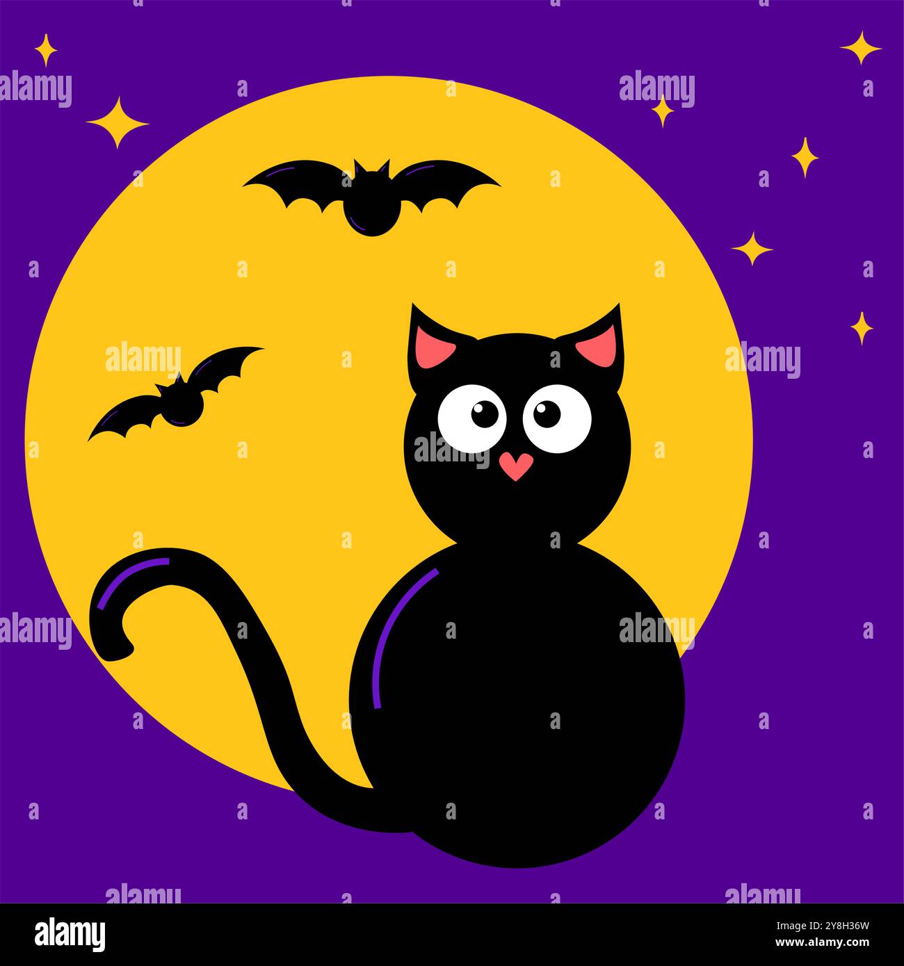 Cute and Spooky Halloween Black Cat Vector full moon and bats. ideal ...