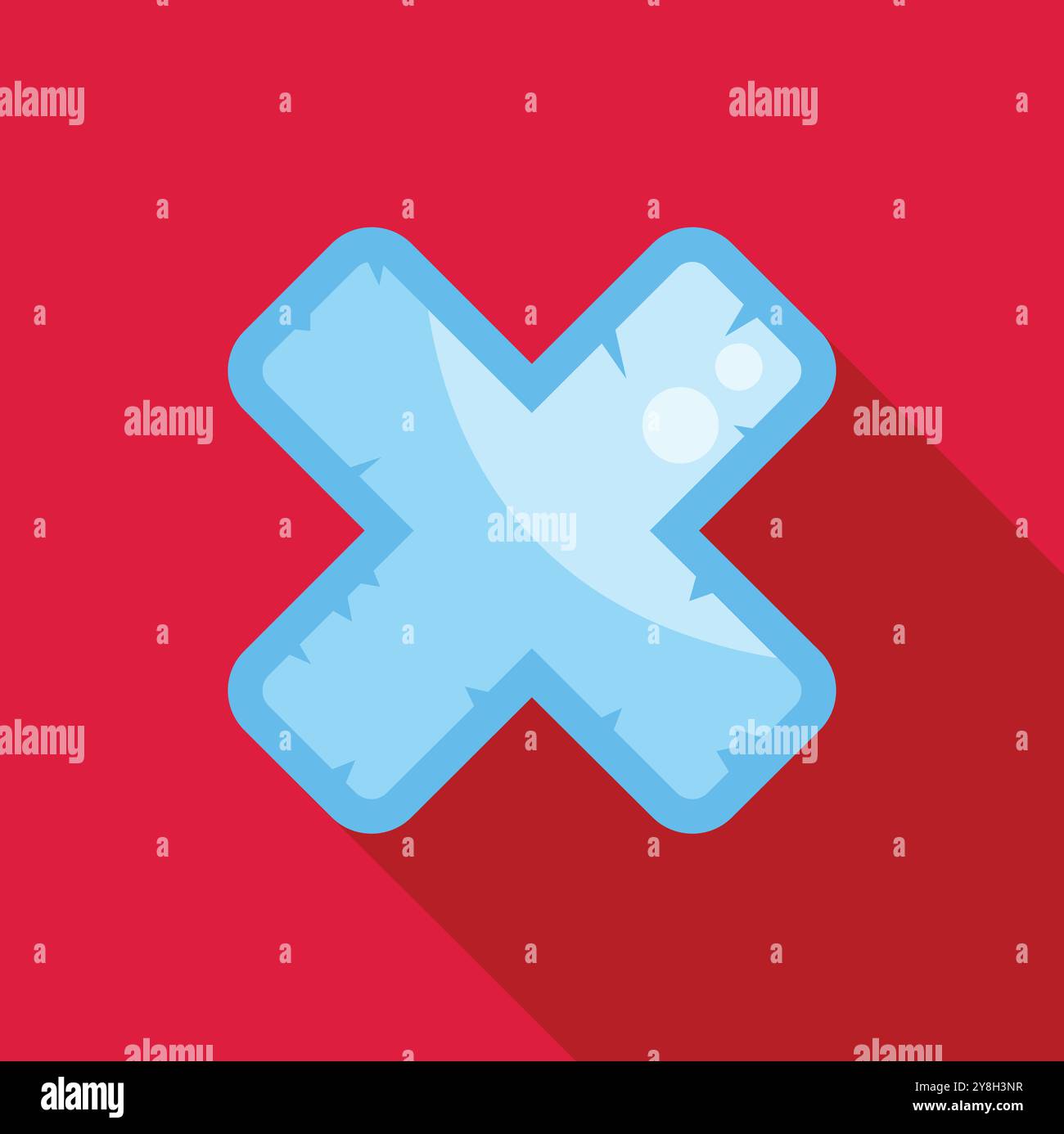 Cartoon blue x cross mark symbol casting a long shadow on red ...