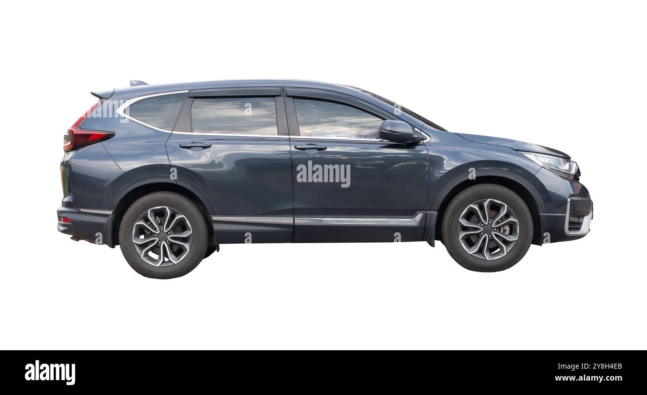 Side view of dark blue hatchback car is isolated on white background ...